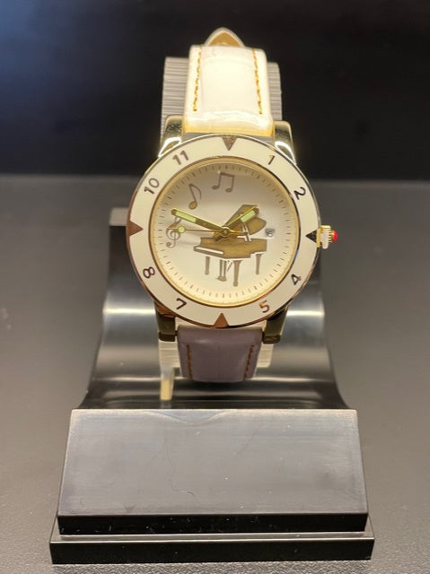 Music Wrist Watch White with Gold Grand Piano and Music Notes on the F ...