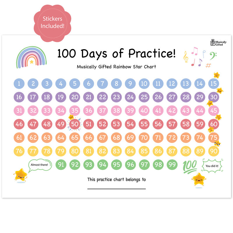 100 Days of Practice Rainbow A3 Music Practice Chart and Beginner Theo ...