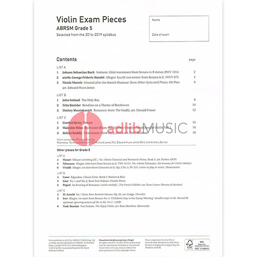 Violin Exam Pieces Grade 5, 2016-2019 - Score and Part - Various - Vio — The Sydney String Centre