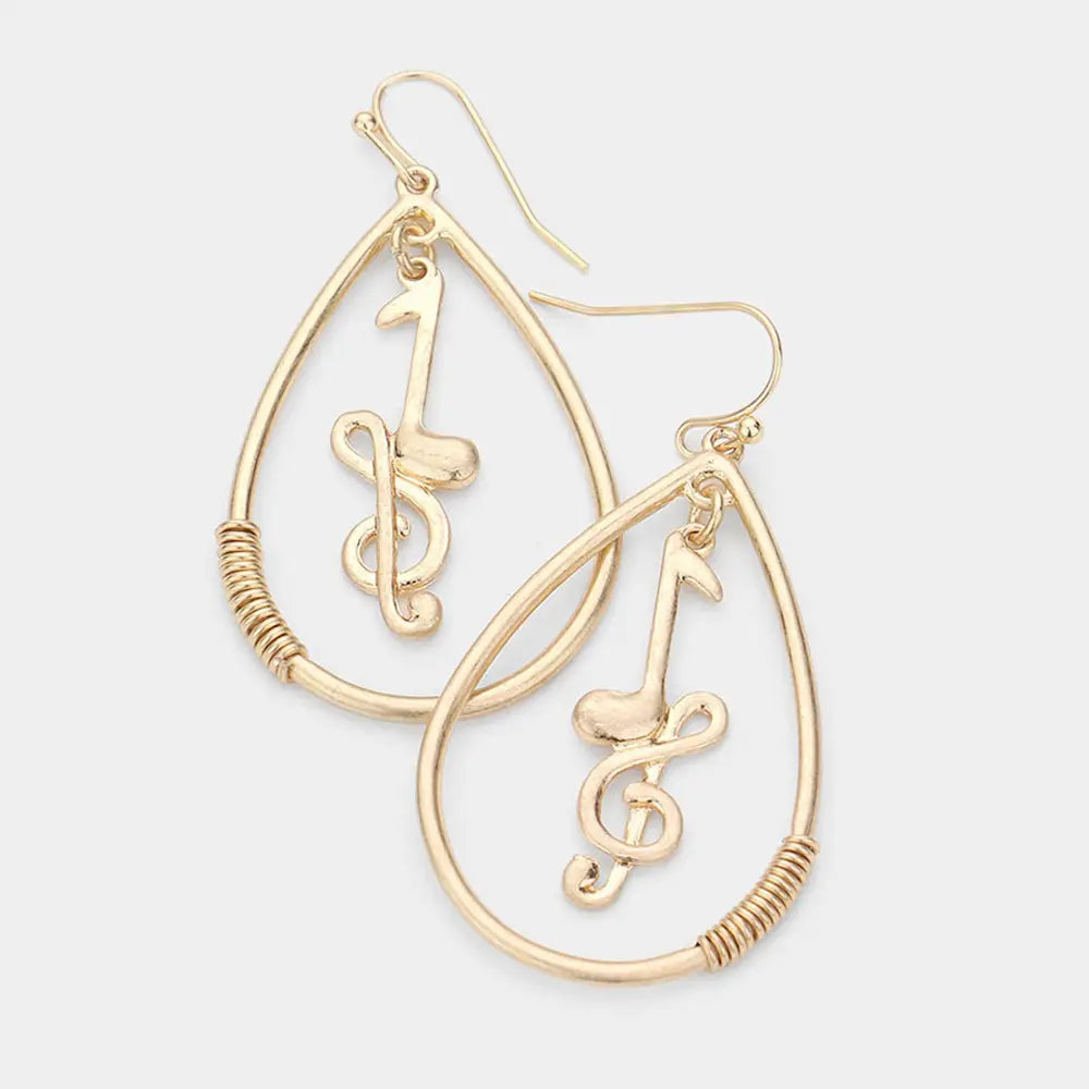 Gold Treble Clef with Quaver Open Metal Teardrop Dangle Earrings — The ...
